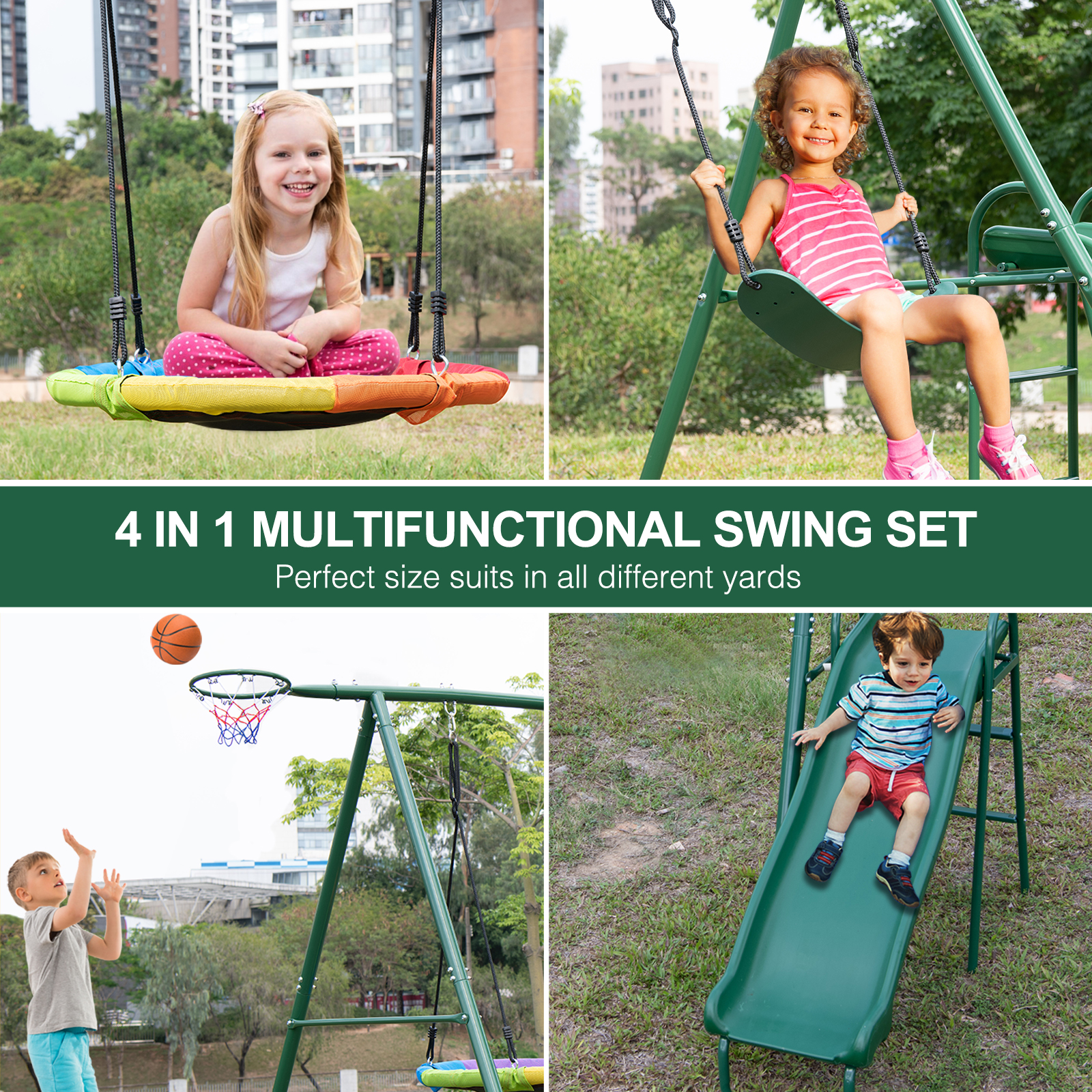 Hapfan 440lbs Metal Swing Set,Heavy Duty Swing Stand with Slide,Saucer ...