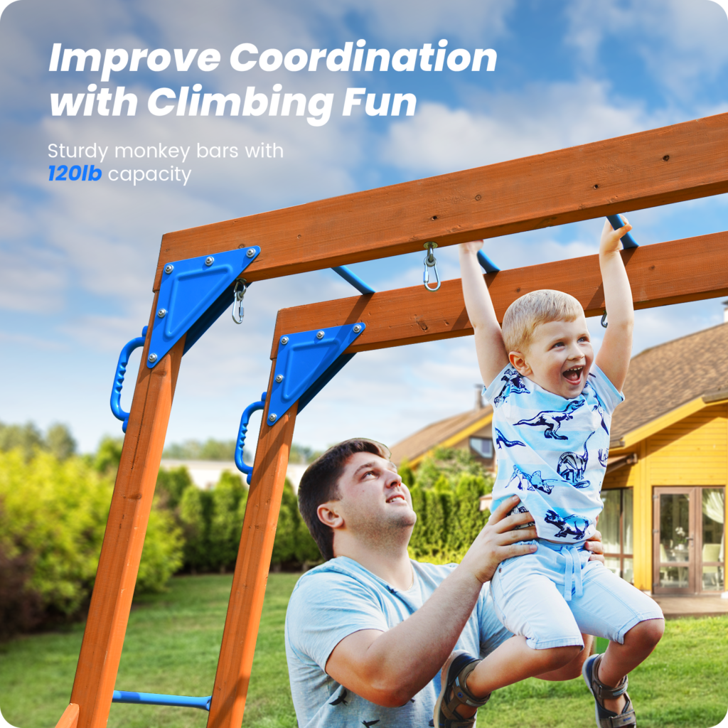 Hapfan Wooden Swing Sets for Backyard with Monkey Bars,2 Belt Swings ...